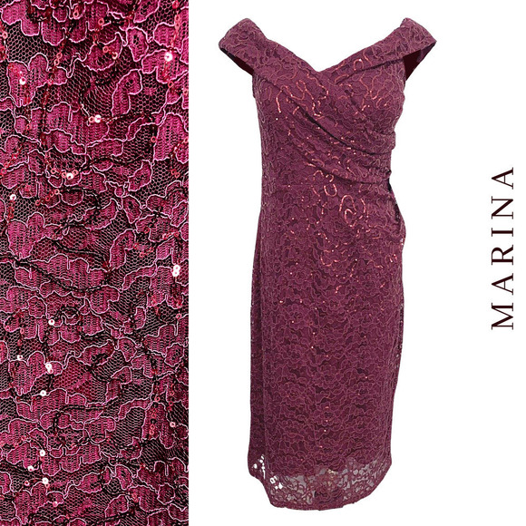MARINA | Dresses | Marina Nwt Burgundy Sequin Lace Surplice Neck Cap ...